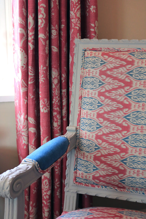 Zamira Ikat Fabric - Faded Raspberry & Teal On Natural - Meg Morton